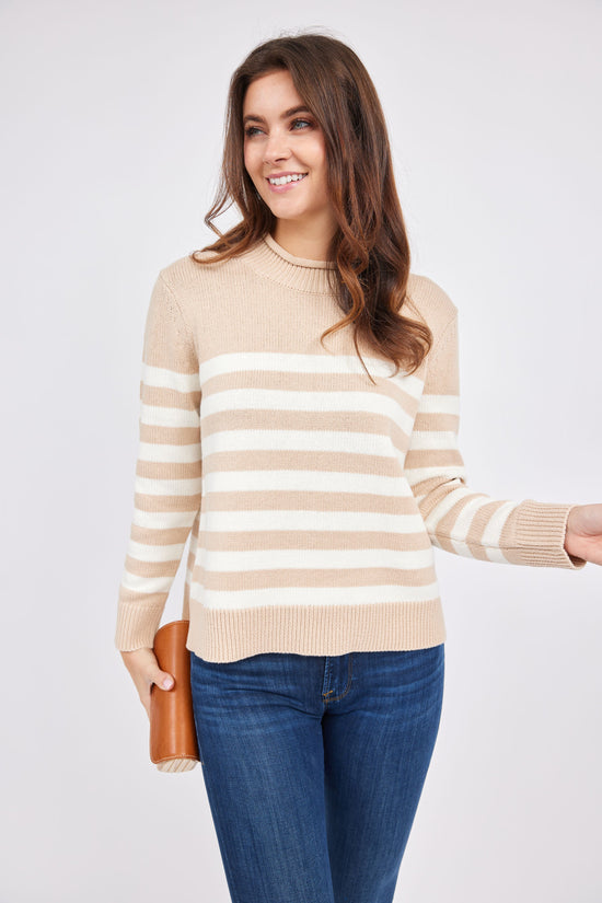 Sail To Sable Roll Neck Stripe Sweater Camel - Murray's Toggery Shop